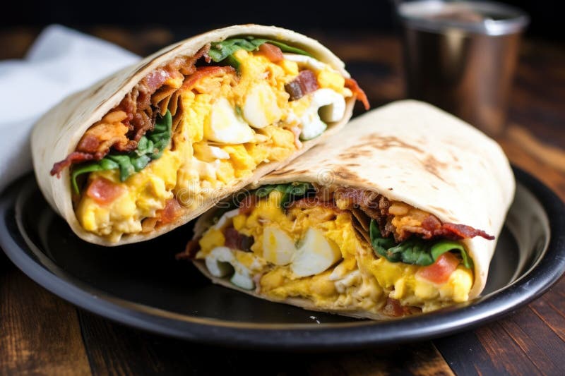 Breakfast Wrap with Eggs and Bacon on a Cast Iron Skillet Stock ...