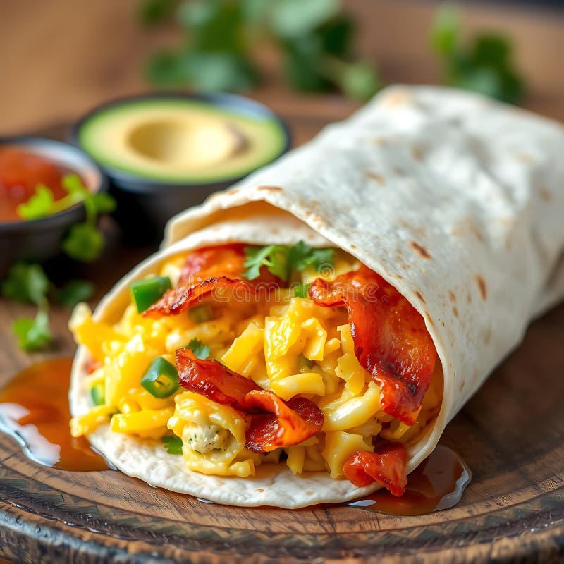 A Breakfast Wrap with Scrambled Eggs Crispy Bacon Shredded Cheese and ...