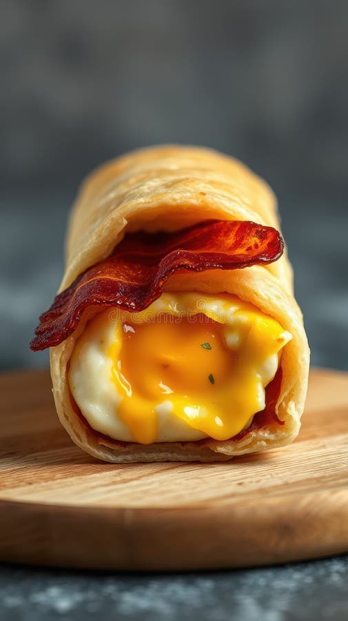Breakfast Wrap with Scrambled Eggs, Melted Cheese, and Crispy Bacon on ...