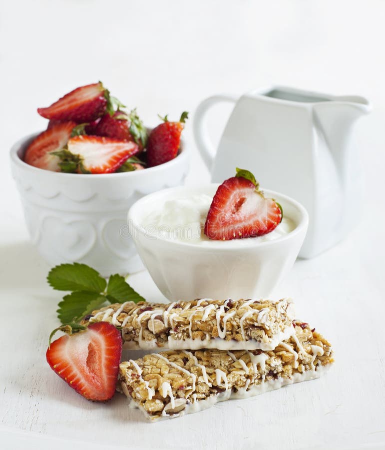 Breakfast with Yogurt Coated Granola Bars Stock Photo - Image of fruit ...