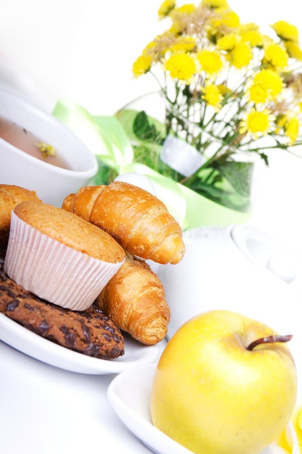 Breakfest with Tea and Fresh Baking Stock Photo - Image of flowers ...