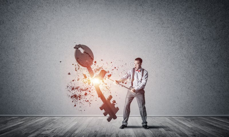 Breaking through Access Concept with Man in Room Crashing Concrete Key ...