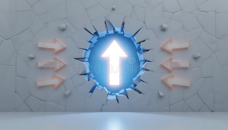 Breaking through Barriers: Upward Arrow Glowing in Cracked Wall Stock ...