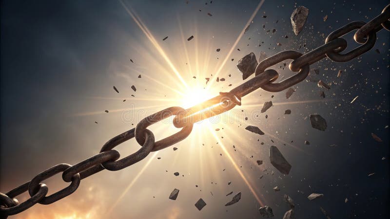 Breaking Chain with Dramatic Sunburst and Flying Debris Stock Photo ...