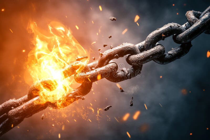 Breaking Chain with Fire and Sparks Against Dark Background Stock ...
