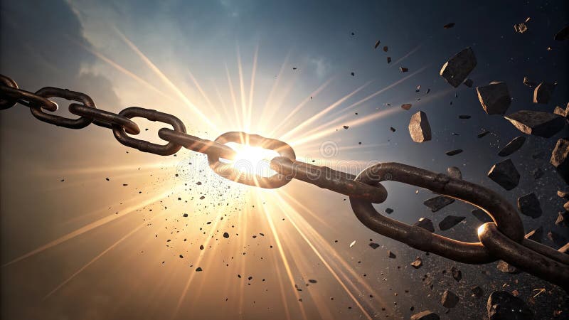 Breaking Chain Link with Sunlight and Debris Explosion Stock Photo ...