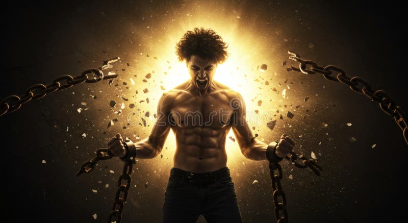 Breaking Chains Strong Man Shouting Symbolizing Freedom and Overcoming ...