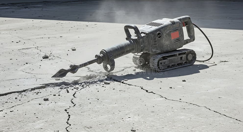 Breaking Concrete with Jackhammer Machine on Construction Site Heavy ...