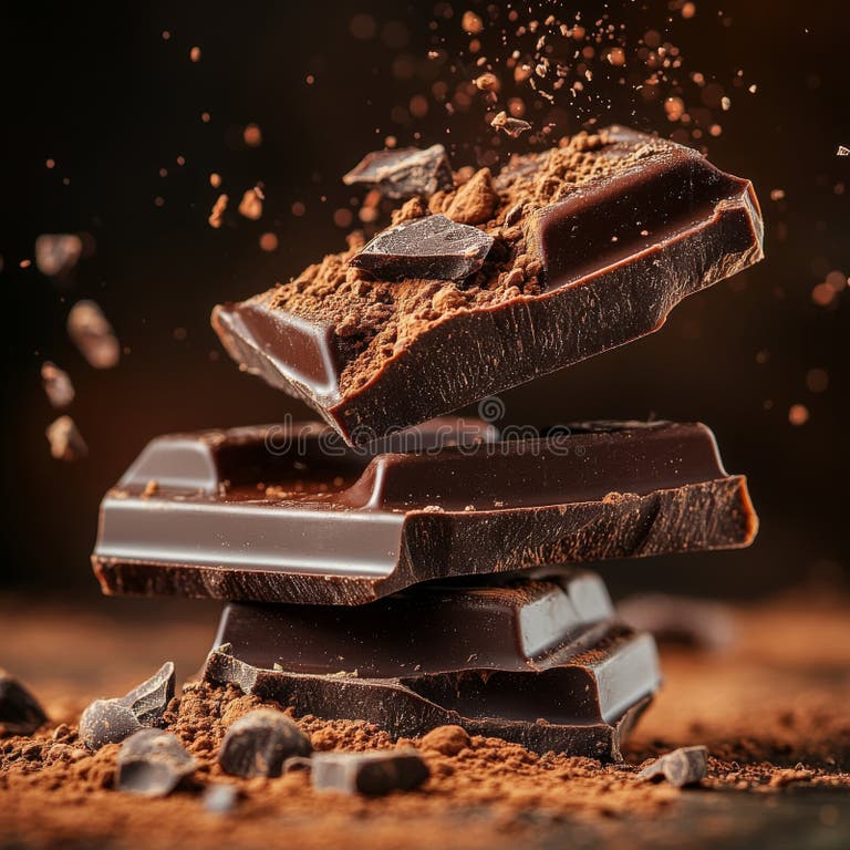 Breaking Dark Chocolate into Pieces with Powder Exploding All Around it ...