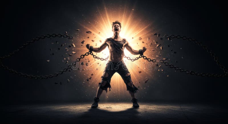 Breaking Free Young Man Shouting while Breaking Chains with Bright ...