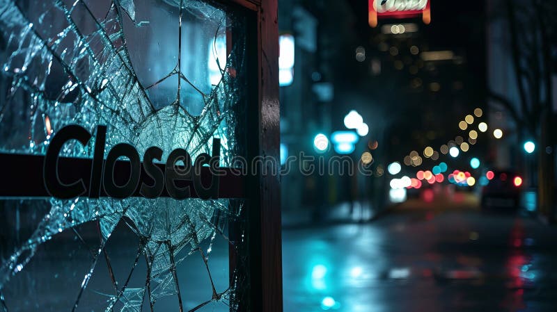 A Breaking Glass Door with Closed Sign Unsafe Danger Night Stock ...