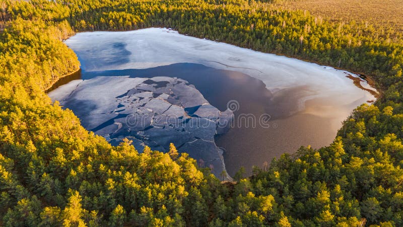 Breaking Ice in a Forest Lake in Early Spring Stock Photo - Image of ...