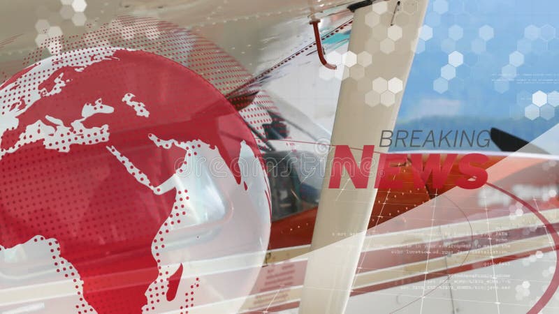 Breaking News Animation Over Airplane with Red Globe and Hexagonal ...