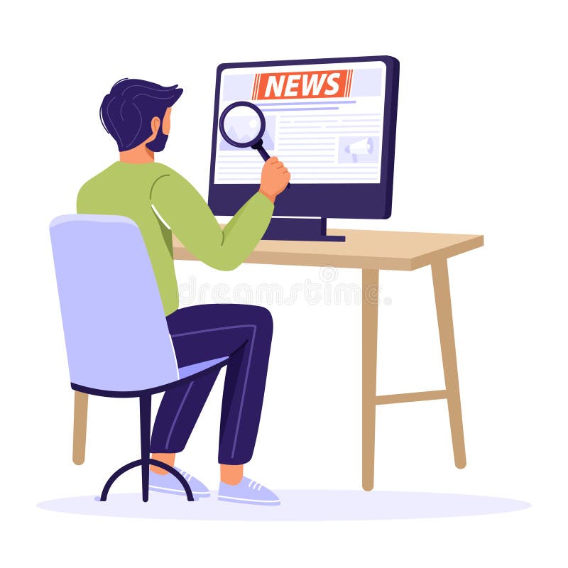 Breaking News Concept. Man Reading News with a Magnifying Glass Using ...