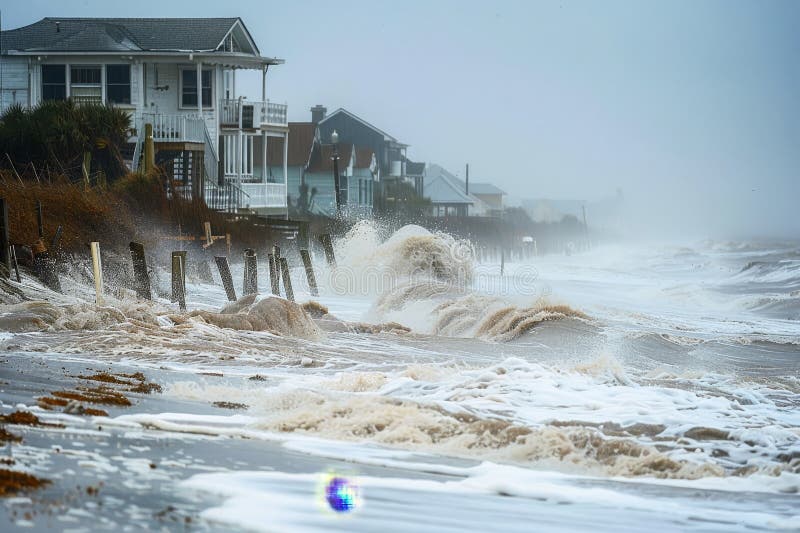 Breaking Ocean Waves Wash Away the Beach during a Storm Surge Stock ...
