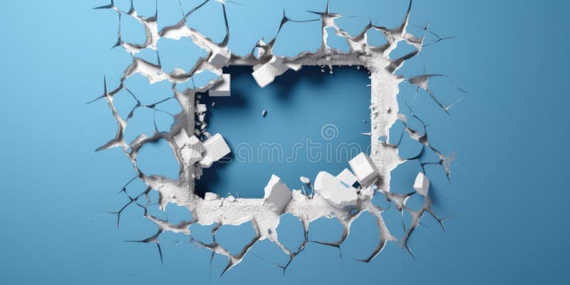 Breaking Out of a Hole in Solid Blue Wall, Torn Hole, Empty Copy Space ...