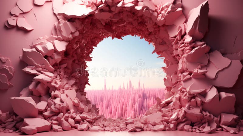 Breaking Out of a Hole in Solid Pink Wall Torn Hole Empty Copy Space ...