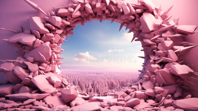 Breaking Out of a Hole in Solid Pink Wall Torn Hole Empty Copy Space ...