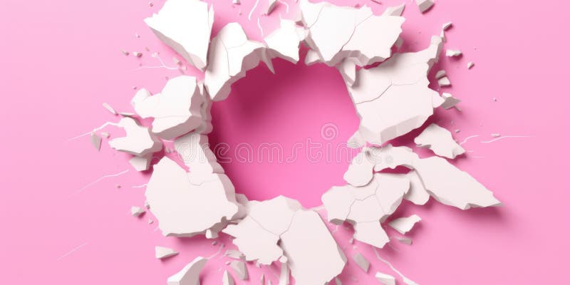 Breaking Out of a Hole in Solid Pink Wall, Torn Hole, Empty Copy Space ...