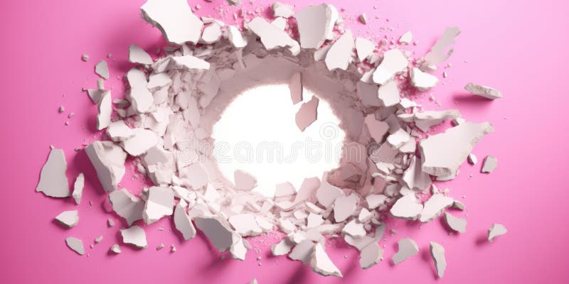 Breaking Out of a Hole in Solid Pink Wall, Torn Hole, Empty Copy Space ...