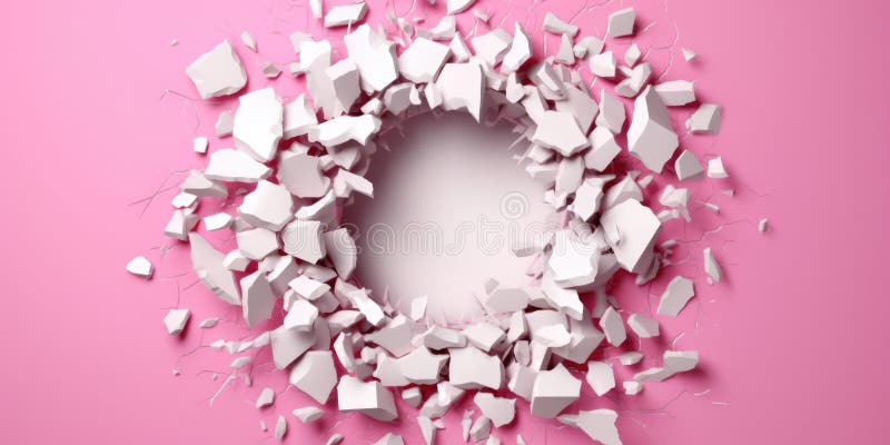 Breaking Out of a Hole in Solid Pink Wall, Torn Hole, Empty Copy Space ...