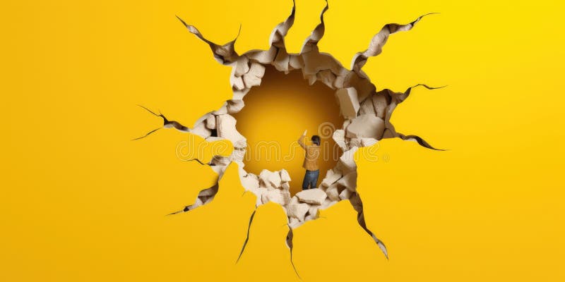 Breaking Out of a Hole in Solid Yellow Wall, Torn Hole, Empty Copy ...