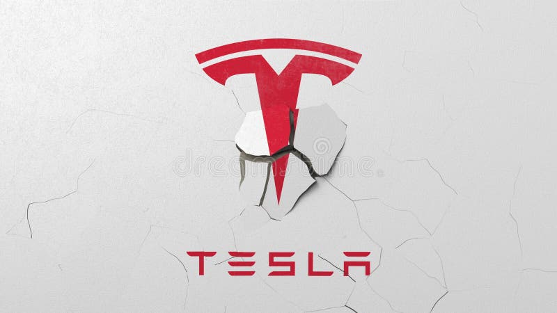 Breaking Wall with Painted Logo of Tesla. Crisis Related Editorial 3D ...