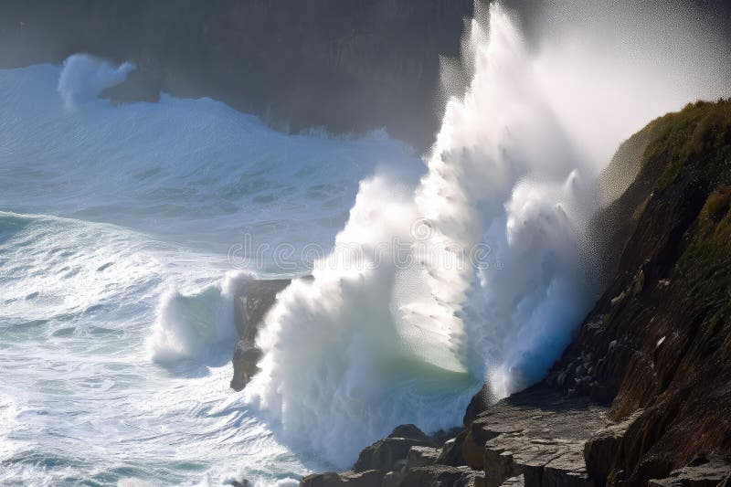 Breaking Wave Crashing into Cliff Face, with Spray Flying Stock Photo ...