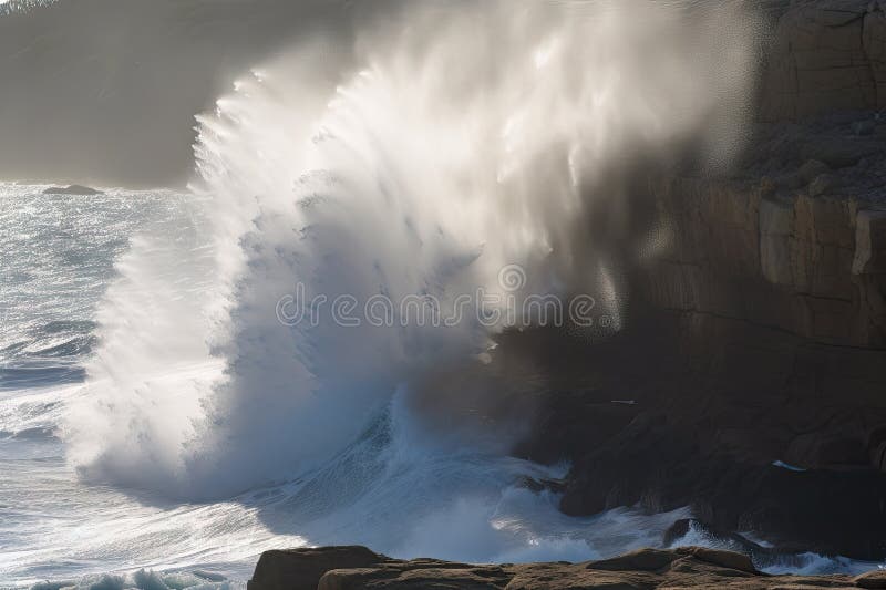 Breaking Wave Hitting Cliff Side, with Spray Flying High into the Air ...
