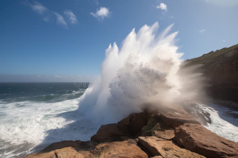 Breaking Wave Hitting Cliff Side, with Spray Flying High into the Air ...