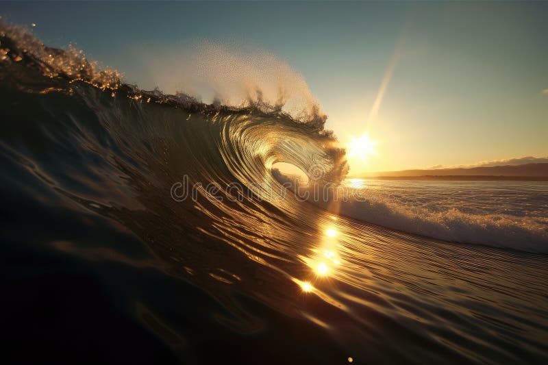 Breaking Wave, with View of the Sun Peeking Over the Horizon Stock ...