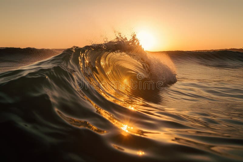 Breaking Wave, with View of the Sun Peeking Over the Horizon Stock ...