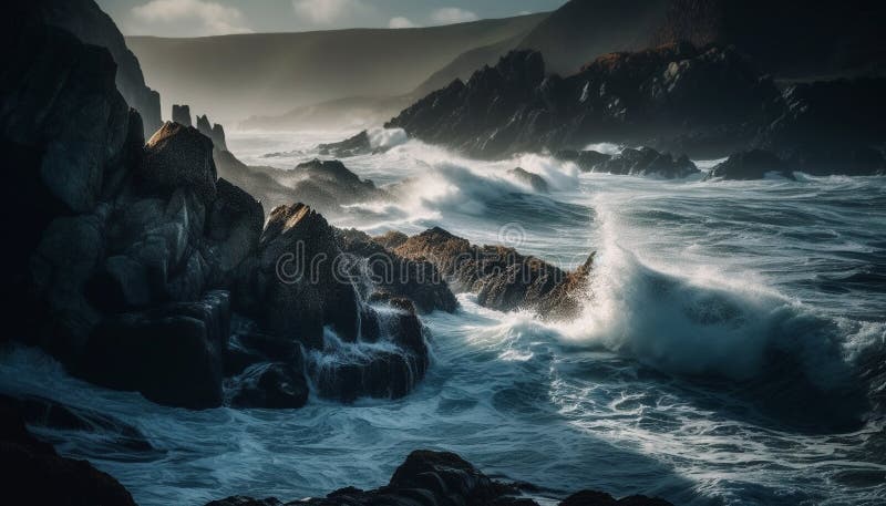 Breaking Waves Crash Against Majestic Cliffs in Natural Beauty Motion Generated by AI Stock ...