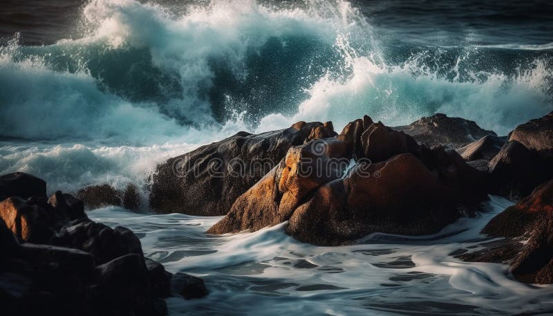 Breaking Waves Crash Against Rocky Cliff at Sunset, a Beauty Generated ...