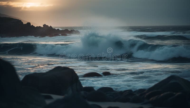 Breaking Waves Crash on Rocky Coastline at Dusk Generated by AI Stock Illustration ...