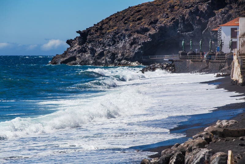 Breaking Waves on Pebble Beach of Candelaria, Tenerife, Spain Stock ...