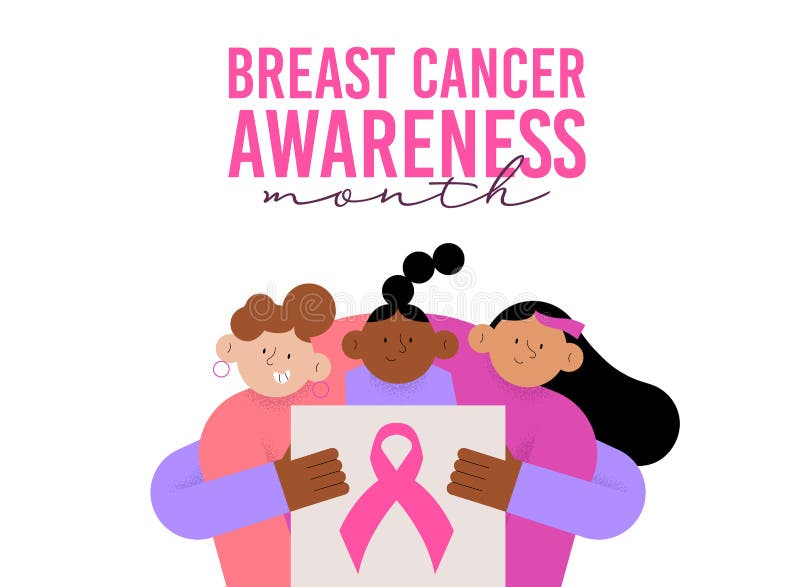 Breast Cancer Awareness Month Young Diverse Women Hugging And Pink