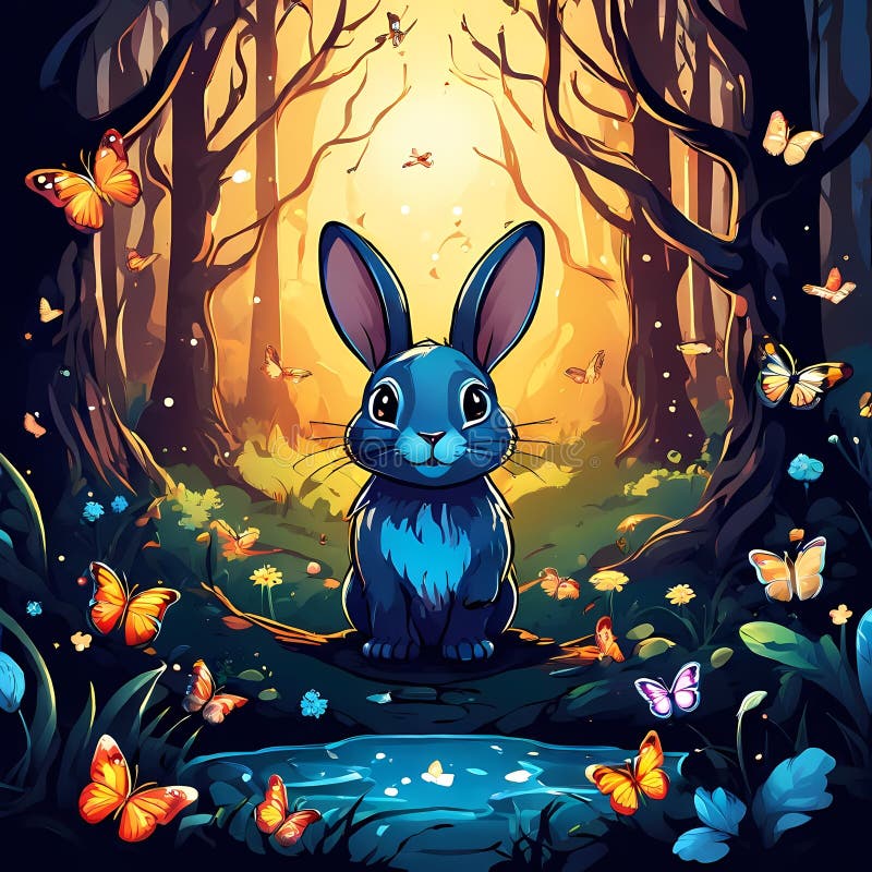 A Curious Rabbit Exploring a Magical Forest, with Butterflies Stock ...