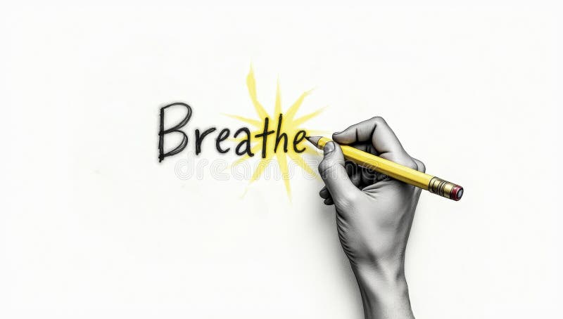 Breathe Word Surrounded by Negative Thoughts and Hand Holding Pencil ...