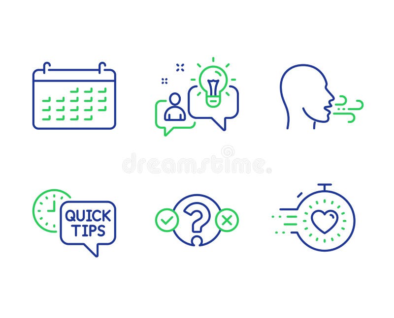 Breathing Exercise, Quiz Test and Quick Tips Icons Set. Calendar, Idea ...