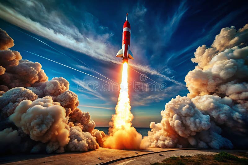 A Breathtaking Aerial Perspective Captures the Fiery Ascent of a Red and White Rocket during a ...