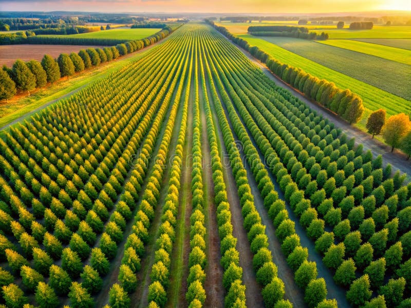 Aerial View of a Perfectly Ordered Tree Farm Evenly Spaced Rows in a ...