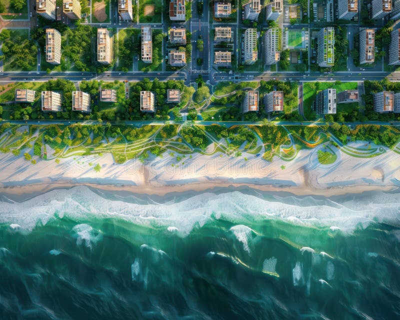Aerial View of Coastal City with Pristine Beach, Lush Greenery, and ...