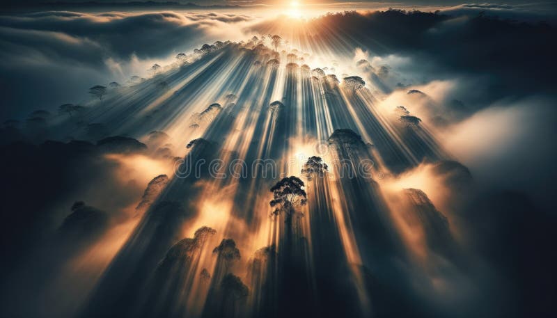 Mystical Forest Sunrise with Crepuscular Rays, AI Generated Stock ...