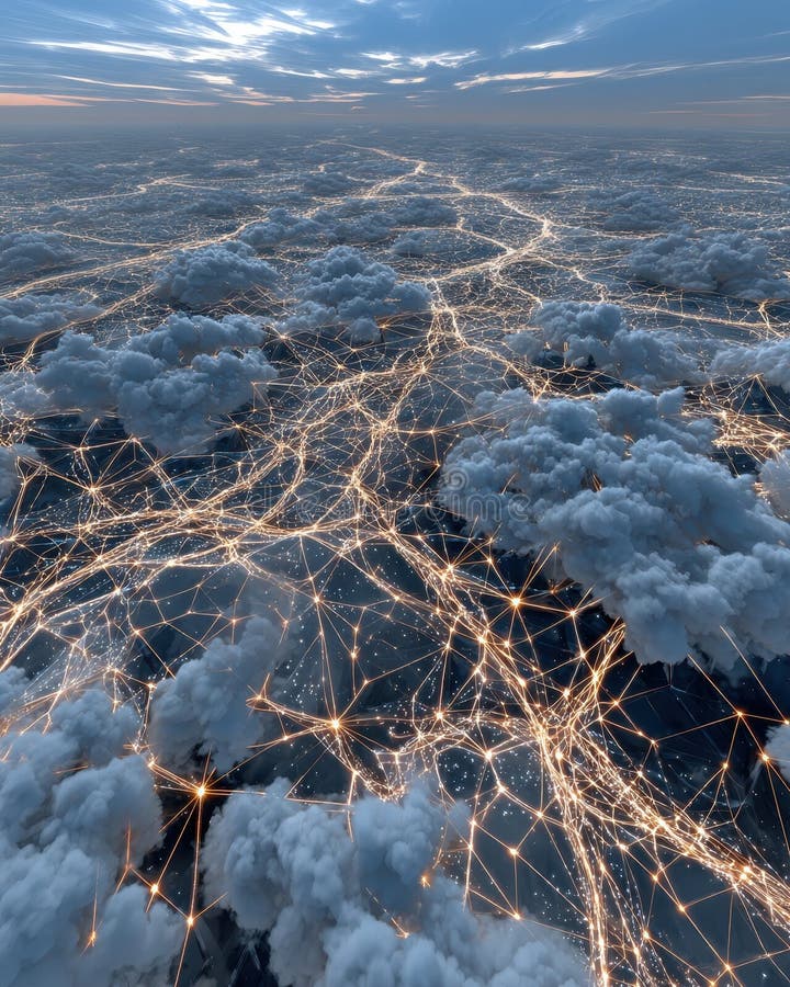 Cloud Connectivity and Data Flow Overhead Digital Landscape Aerial View ...