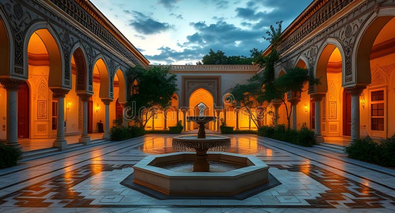 AI-generated Golden-lit Islamic Courtyard with Intricate Geometric ...