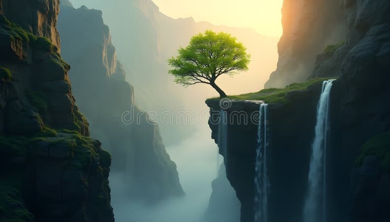 Mystical Tree on Cliff with Waterfalls Stock Illustration ...