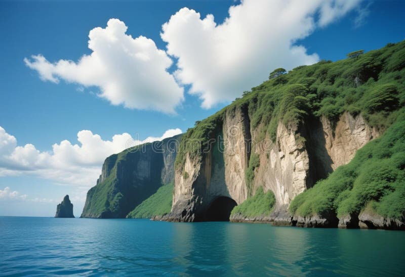 Immense Towering Cliff Overlooking Pristine Ocean Waters Under a Clear ...