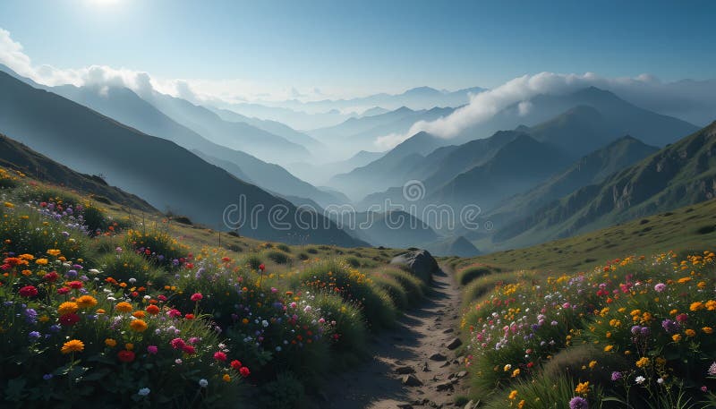 Mountain Meadow Path stock illustration. Illustration of vibrant ...