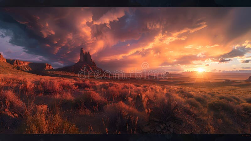 Stunning Sunset Over a Rugged Landscape with Dramatic Sky and Warm ...